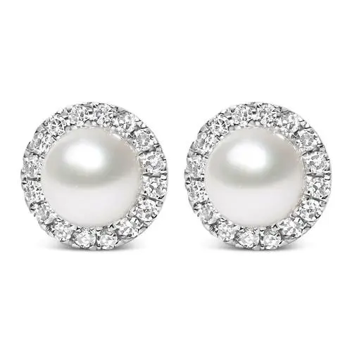 HAUS OF BRILLIANCE 10k Gold Pearl And Diamond Halo Stud Earrings - White