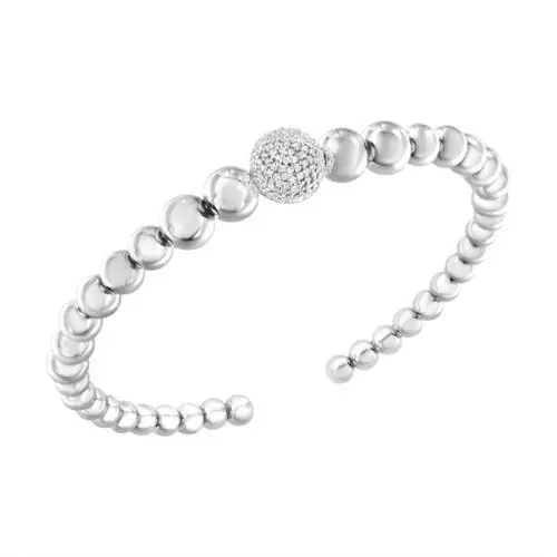 HAUS OF BRILLIANCE Silver Diamond Rondelle Bead Cuff Bangle Bracelet - White