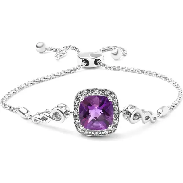 HAUS OF BRILLIANCE Silver Amethyst & Diamond Bolo Bracelet - White
