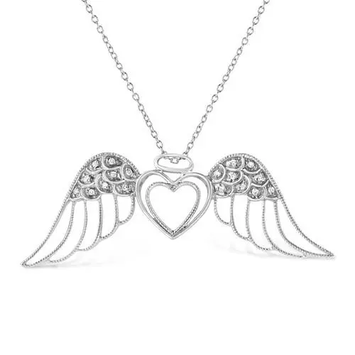 HAUS OF BRILLIANCE Silver Angel Wing Heart Pendant Necklace - White
