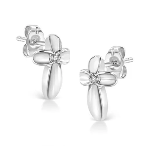HAUS OF BRILLIANCE Silver Prong Diamond Accent Floral Cross Stud Earrings