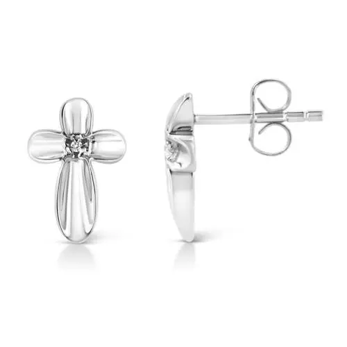 HAUS OF BRILLIANCE Silver Prong Diamond Accent Floral Cross Stud Earrings