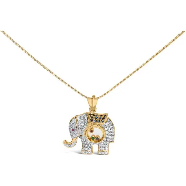 HAUS OF BRILLIANCE 18k Gold Diamond, Ruby, Emerald, And Sapphire Elephant Pendant Necklace - Yellow