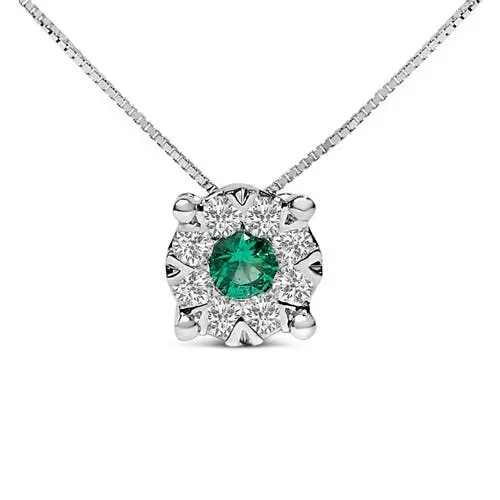 HAUS OF BRILLIANCE 14k Gold Emerald And Diamond Halo Pendant Necklace - White