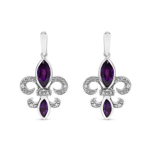 HAUS OF BRILLIANCE Silver Amethyst & Diamond Fleur De Lis Dangle Stud Earrings - White