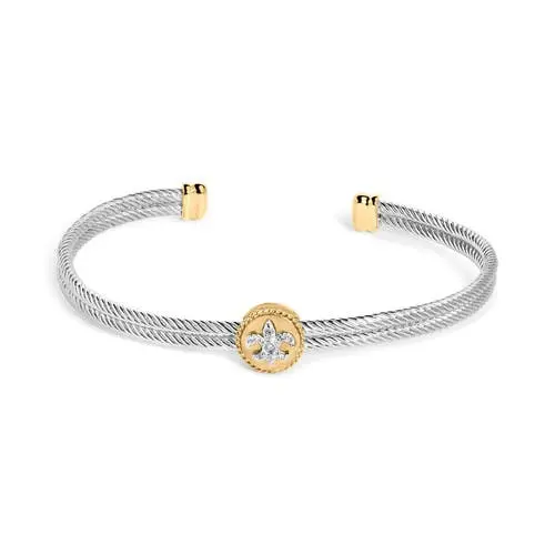 HAUS OF BRILLIANCE 18k Gold Plated Silver Diamond And Fleur Di Lis Bangle - Yellow