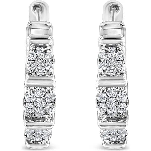 HAUS OF BRILLIANCE Silver 1/2 Ct Lab Grown Round Diamond Floral Cluster Hoop Earrings - White