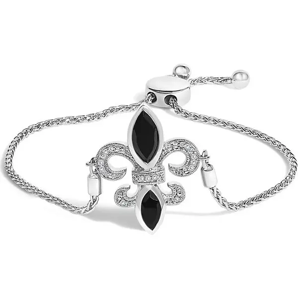 HAUS OF BRILLIANCE Silver Onyx And Diamond Lariat Bolo Bracelet - White