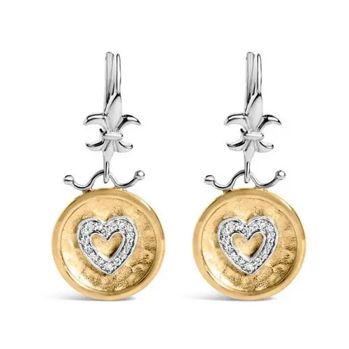 HAUS OF BRILLIANCE 18k Gold Plated .925 Sterling Silver 1/8 Ct Diamond Medallion Heart Dangle Earrings - Yellow