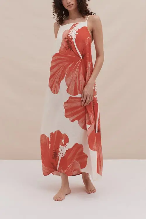 Desmond & Dempsey Square Nightie - Grand Hibiscus Cream/red