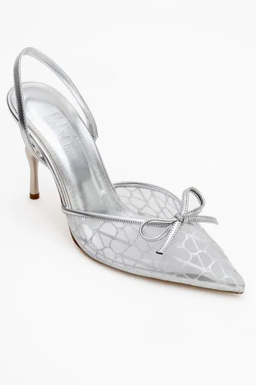 PROLOGUE SHOES Peony Mesh Bow Pointed Toe Pump - Silver Mesh