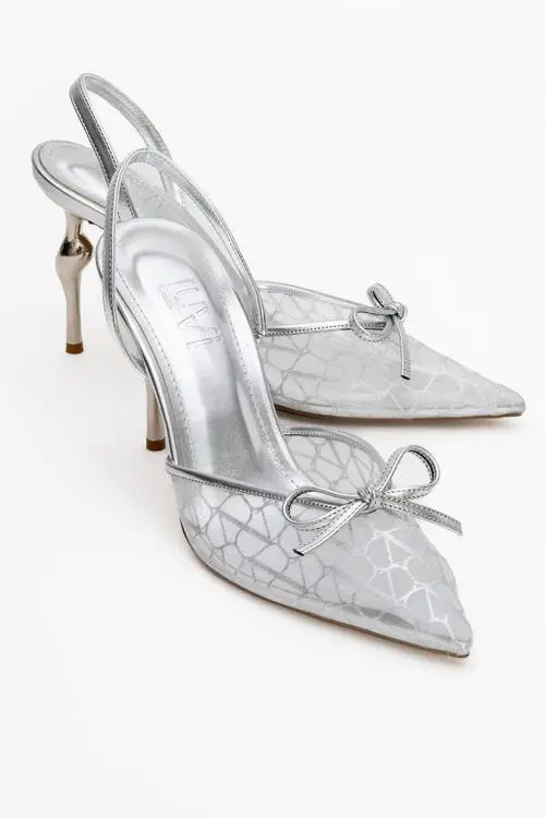 PROLOGUE SHOES Peony Mesh Bow Pointed Toe Pump - Silver Mesh