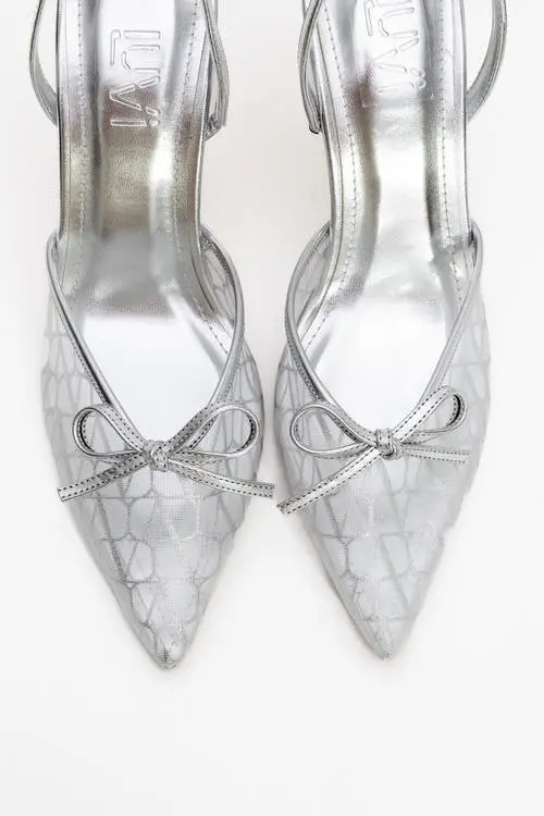 PROLOGUE SHOES Peony Mesh Bow Pointed Toe Pump - Silver Mesh