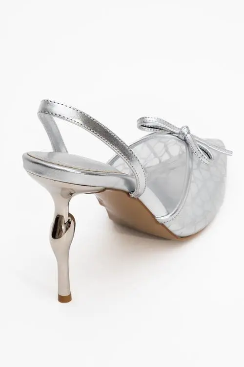 PROLOGUE SHOES Peony Mesh Bow Pointed Toe Pump - Silver Mesh