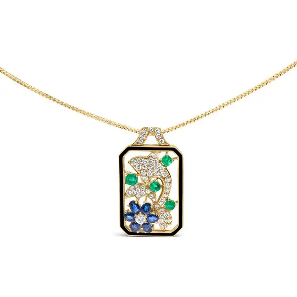 HAUS OF BRILLIANCE 18k Gold Diamond, Sapphire, And Emerald Pendant Necklace & Brooch - Yellow