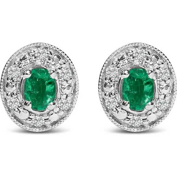 HAUS OF BRILLIANCE 14k Gold Emerald And Diamond Halo Stud Earrings - White