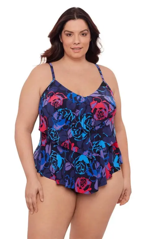 AQUA GREEN Triple Tier Adjustable Tankini Swimsuit Top - Rose Grows
