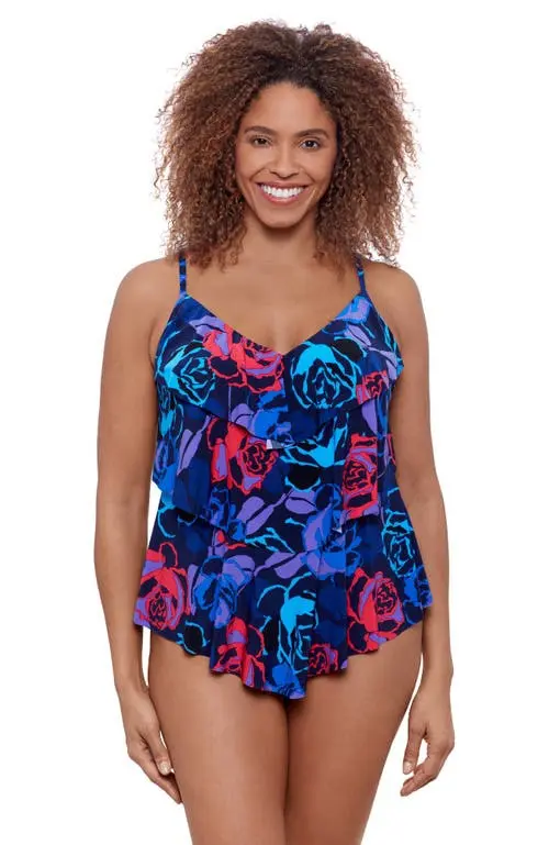 AQUA GREEN Triple Tier Adjustable Tankini Swimsuit Top - Rose Grows