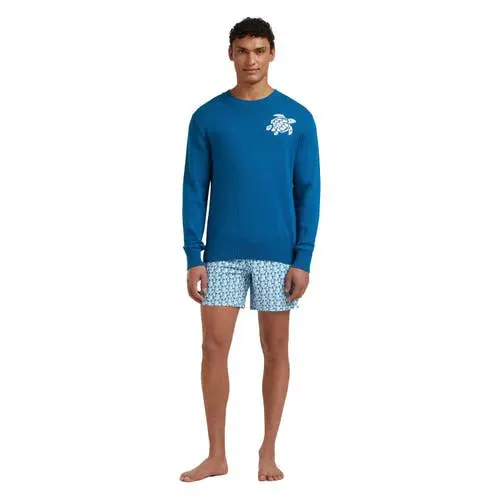 Vilebrequin Crewneck Cotton Cashmere Sweater With Jacquard Turtle - Peacock