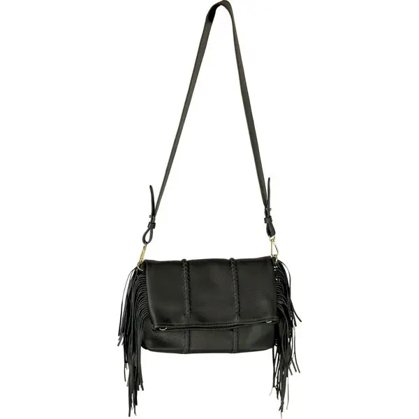 Carlos Falchi Mini Fringe Suede Foldover Crossbody Clutch - Black Obsidian
