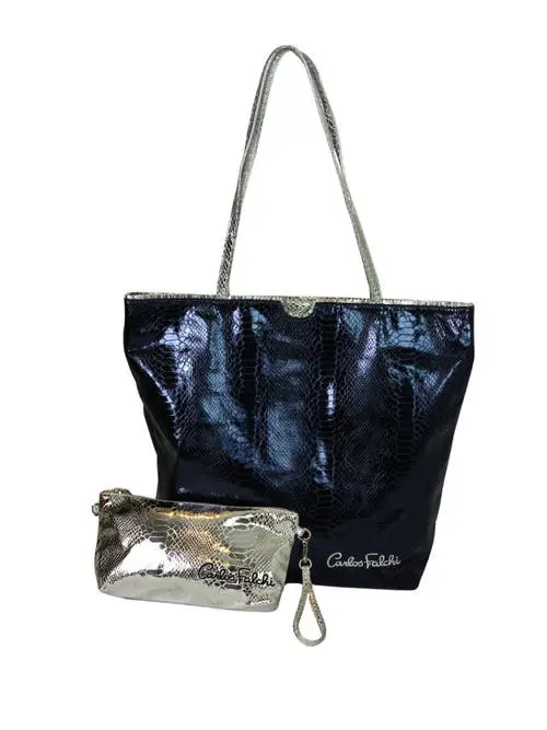 Carlos Falchi Vegan Python Large Tote With Convertible Pouch - Navy