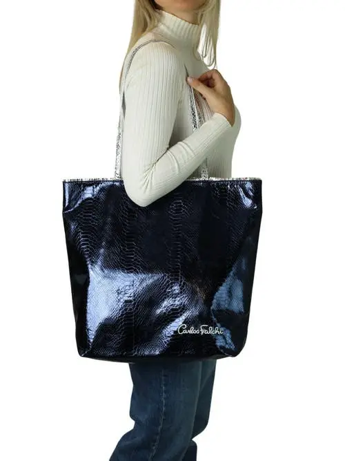 Carlos Falchi Vegan Python Large Tote With Convertible Pouch - Navy