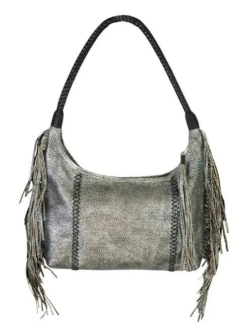 Carlos Falchi Large Fringe Top Grain Leather Hobo Shoulder Bag - Roman Chrome