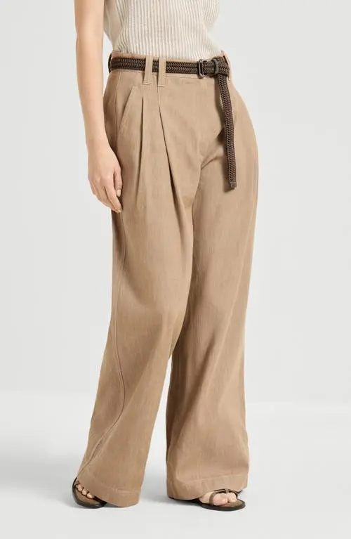 Brunello Cucinelli Wide Leg Cotton Twill Trousers - Desert
