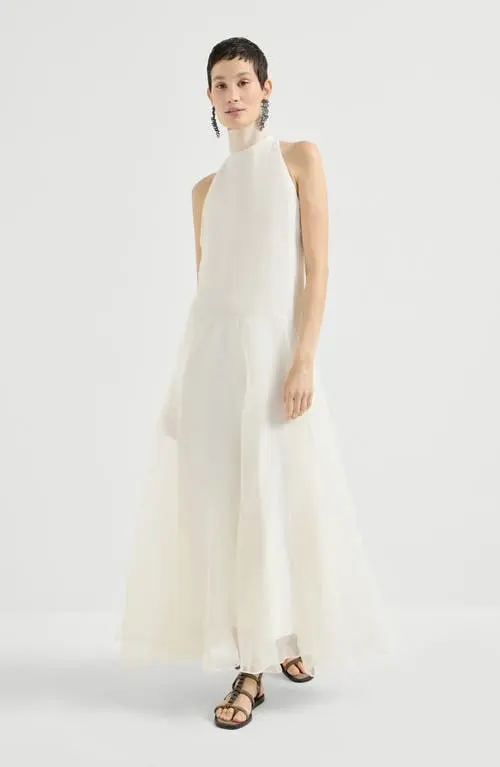 Brunello Cucinelli Crispy Silk Dress With Monili - Butter