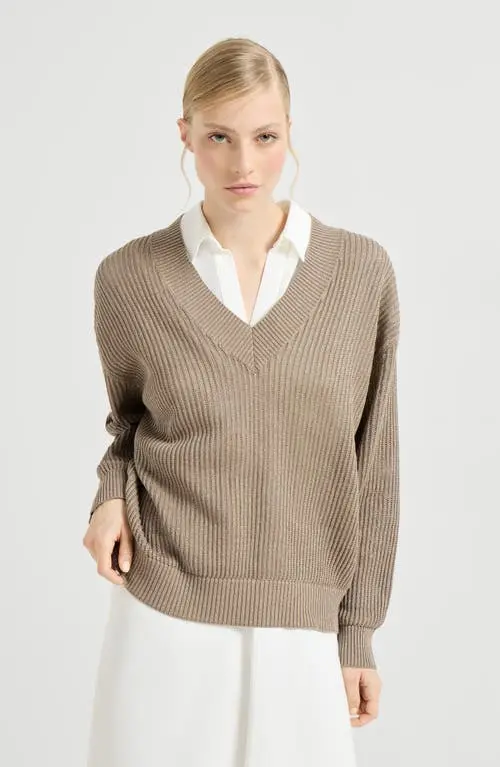 Brunello Cucinelli Ribbed Net V-neck Sweater - Walnut