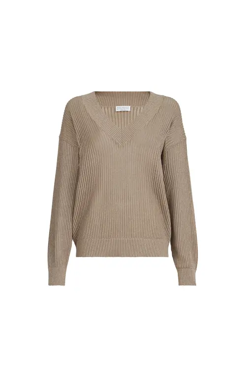 Brunello Cucinelli Ribbed Net V-neck Sweater - Walnut