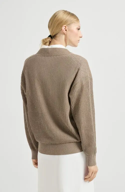 Brunello Cucinelli Ribbed Net V-neck Sweater - Walnut