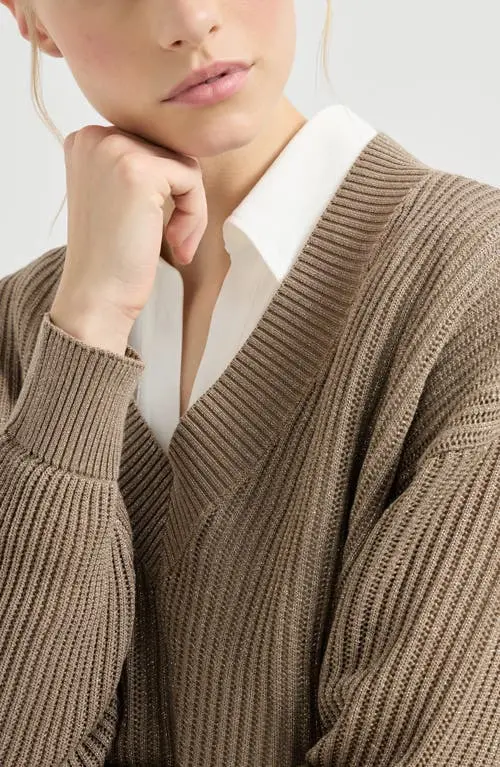 Brunello Cucinelli Ribbed Net V-neck Sweater - Walnut