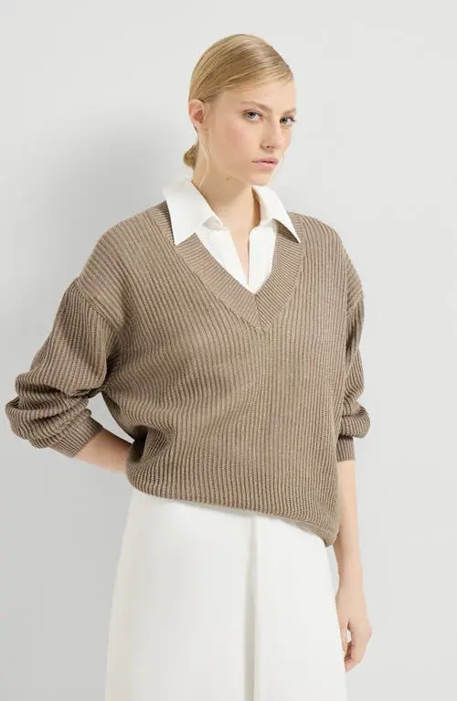 Brunello Cucinelli Ribbed Net V-neck Sweater - Walnut