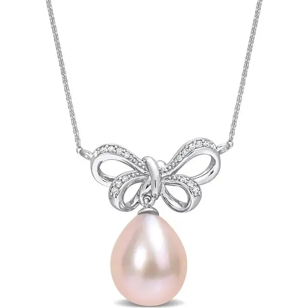 JULIANNA B. 10k White Gold Cultured And Diamond Bow Pendant Necklace - Pearl