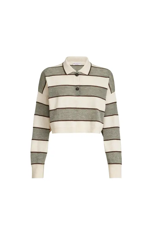 Brunello Cucinelli Cropped Knit Polo With Sparkling Stripes - Sage
