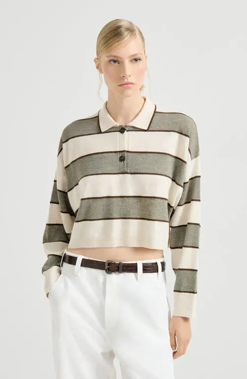 Brunello Cucinelli Cropped Knit Polo With Sparkling Stripes - Sage