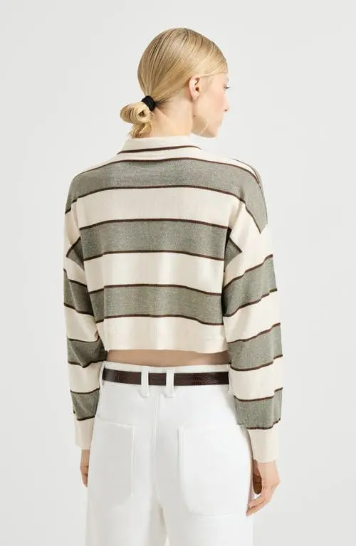 Brunello Cucinelli Cropped Knit Polo With Sparkling Stripes - Sage