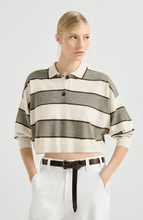 Brunello Cucinelli Cropped Knit Polo With Sparkling Stripes - Sage