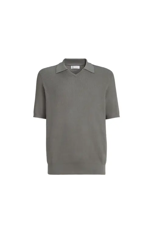 Brunello Cucinelli Cotton English Rib Knit Polo - Khaki