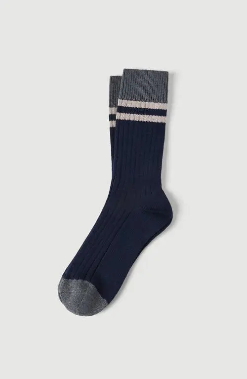 Brunello Cucinelli Striped Cotton Ankle Socks - Navy Blue