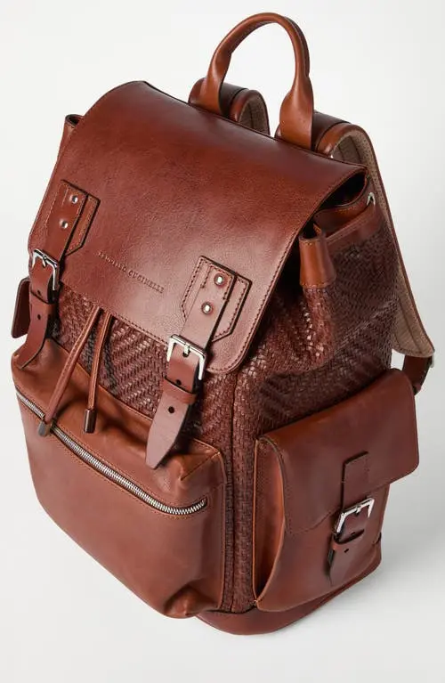 Brunello Cucinelli Calfskin And Cowhide Backpack - Cognac