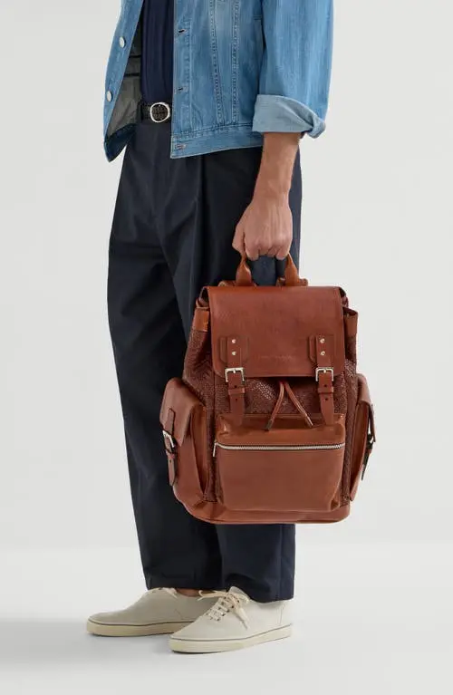Brunello Cucinelli Calfskin And Cowhide Backpack - Cognac