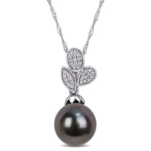 JULIANNA B. 10k White Gold Tahitian And Diamond Leaf Drop Necklace - Pearl