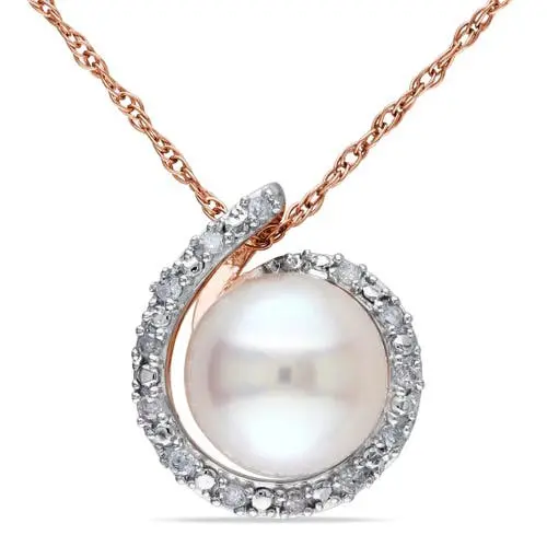 JULIANNA B. 10k Rose Gold Cultured And Diamond Halo Pendant Necklace - Pearl