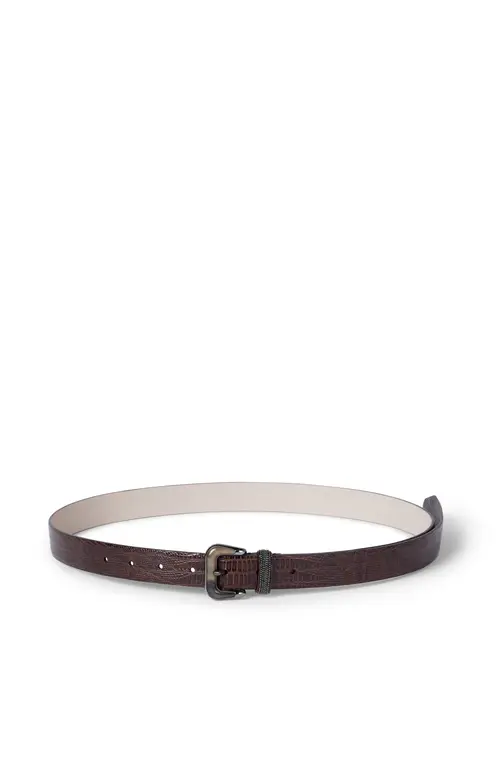 Brunello Cucinelli Calfskin Croc Effect Belt - Rust Brown