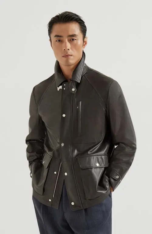 Brunello Cucinelli Calfskin Leather Field Jacket - Chocolate