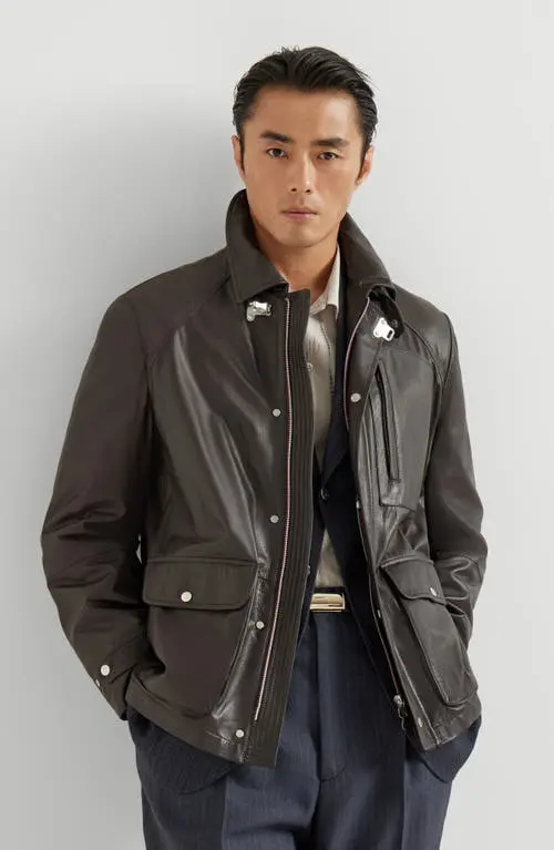 Brunello Cucinelli Calfskin Leather Field Jacket - Chocolate