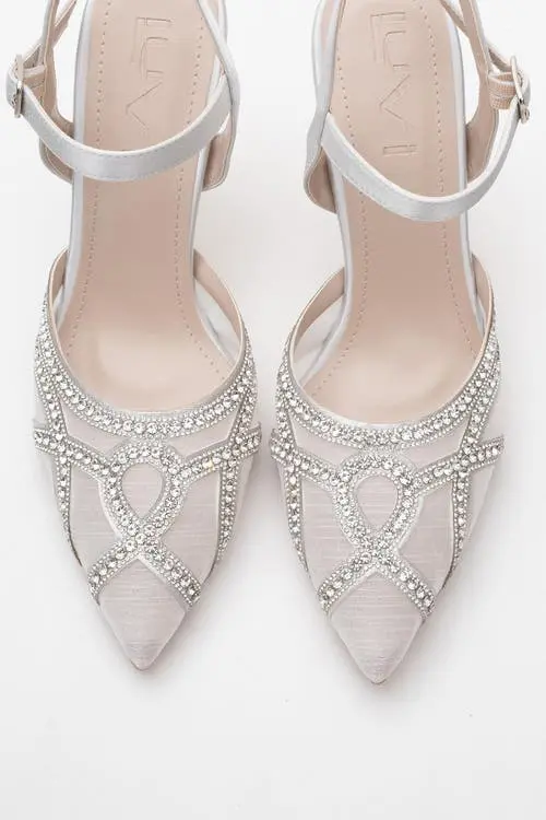 PROLOGUE SHOES Embellished Pointed Toe Pumps - Silver Satin
