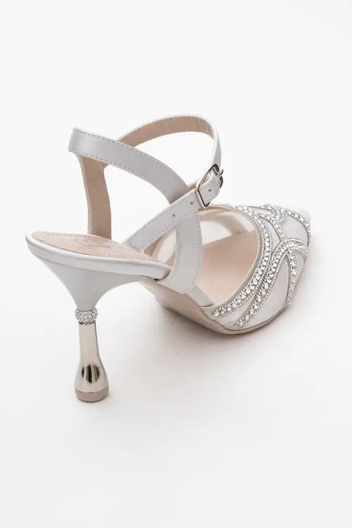 PROLOGUE SHOES Embellished Pointed Toe Pumps - Silver Satin